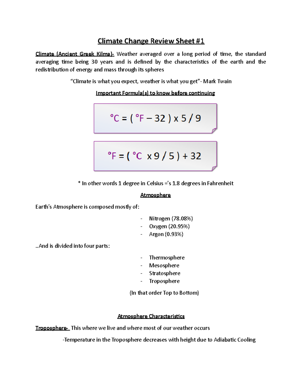 Climate Change Review Sheet - Climate Change Review Sheet Climate ...