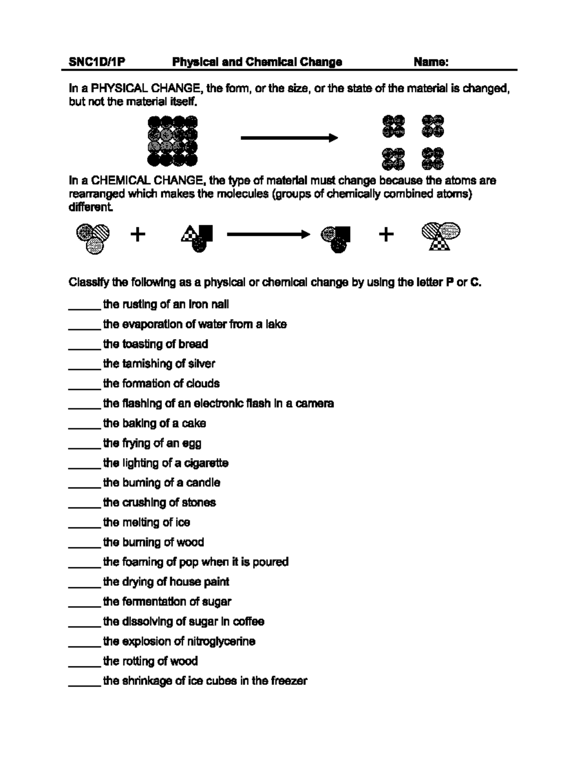 Physical and Chemical changes worksheet - Studocu