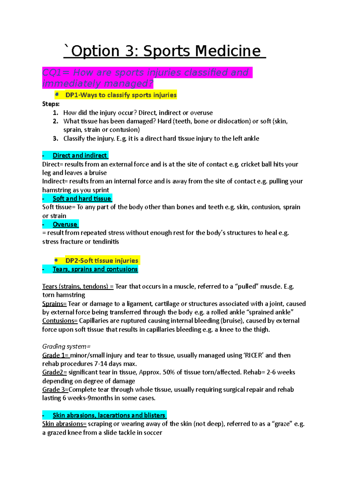Option 3- Sports MED Study Notes - `Option 3: Sports Medicine CQ1= How ...