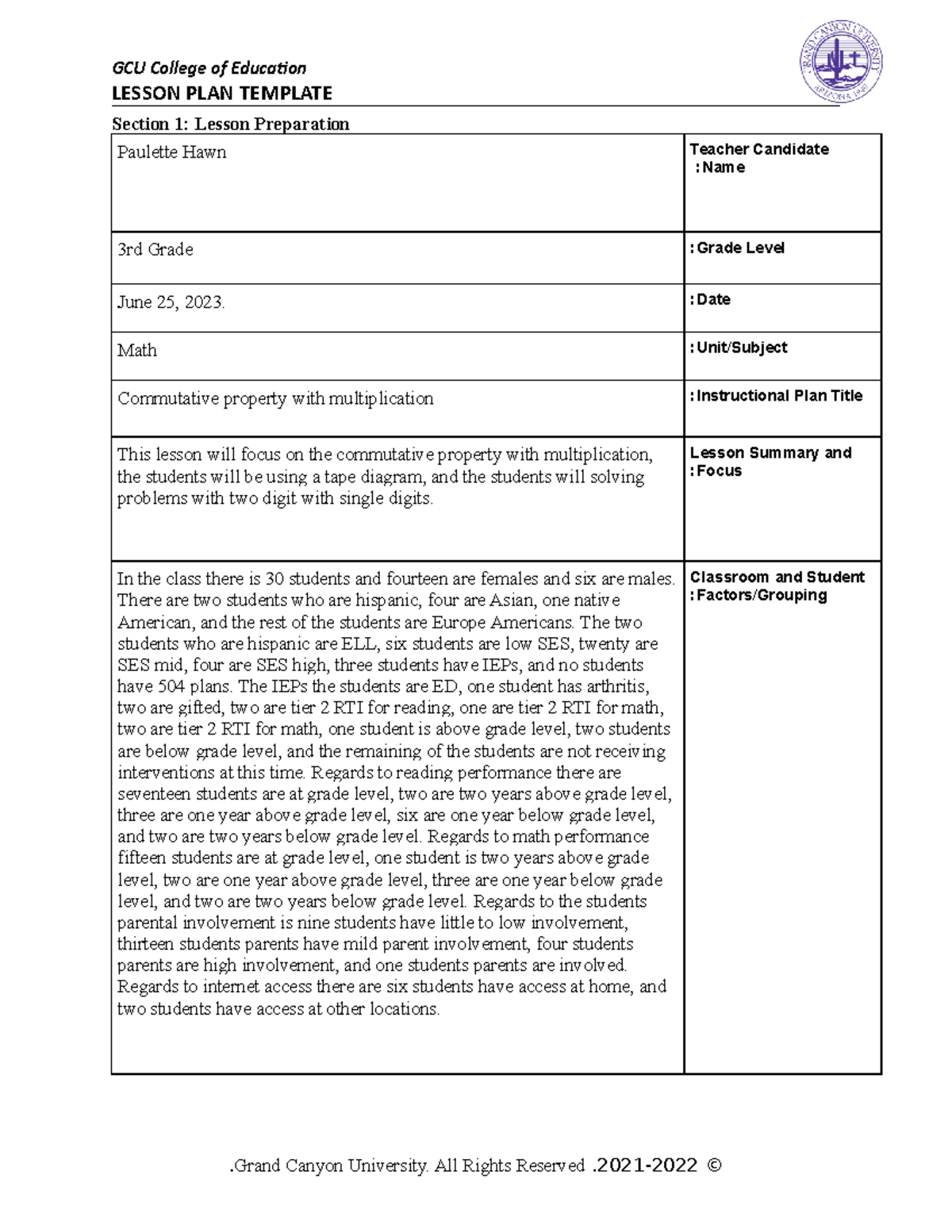 Paulette Hawn SPD 470 Operations and Algebraic Lesson Plan - LESSON ...