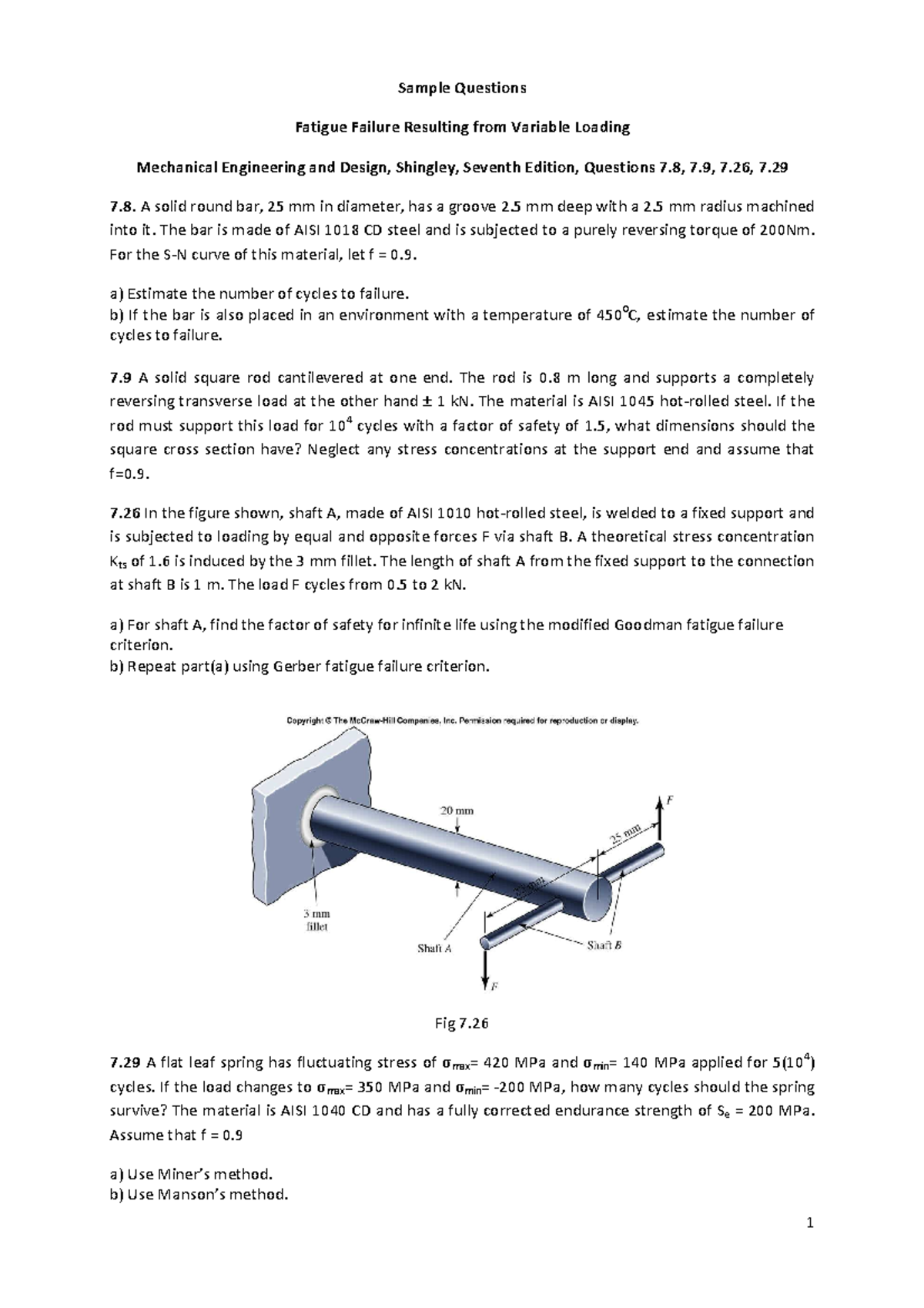 Ejercicios - Sample Questions Fatigue Failure Resulting from Variable Loading Mechanical ...