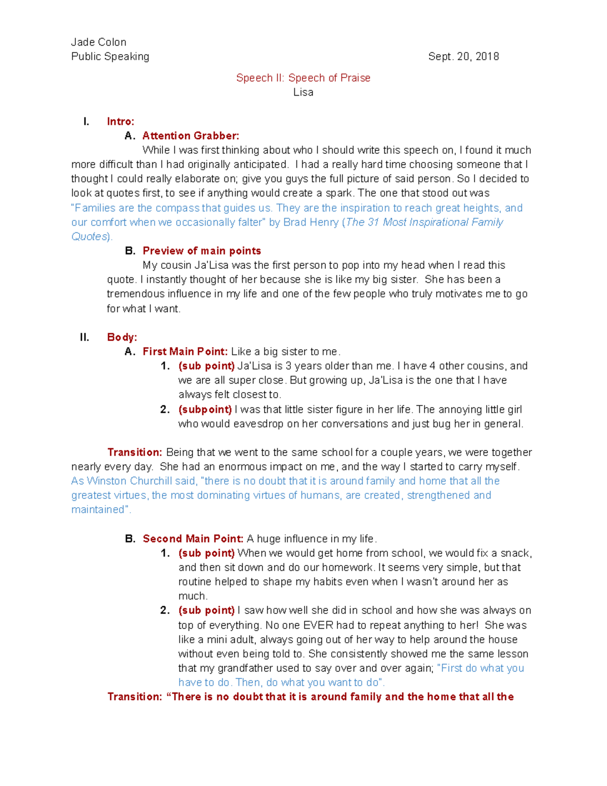 Speech outline - Jade Colon Public Speaking Sept. 20, 2018 Speech II ...