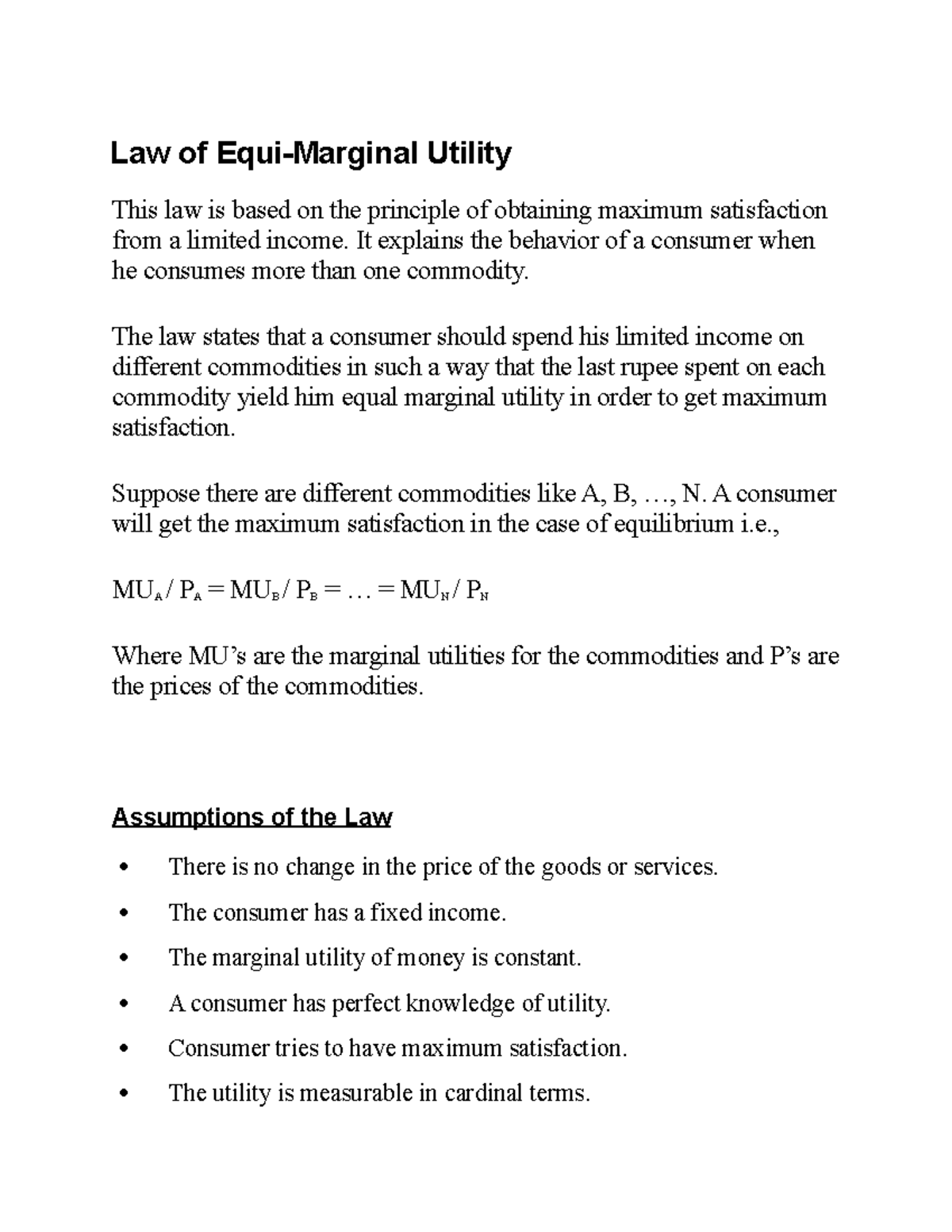 Law of equimarginal utility - Law of Equi-Marginal Utility This law is ...