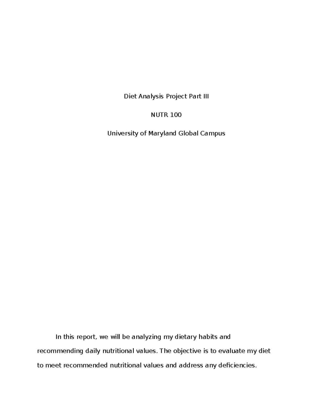 Diet Analysis project Part III - Diet Analysis Project Part III NUTR ...