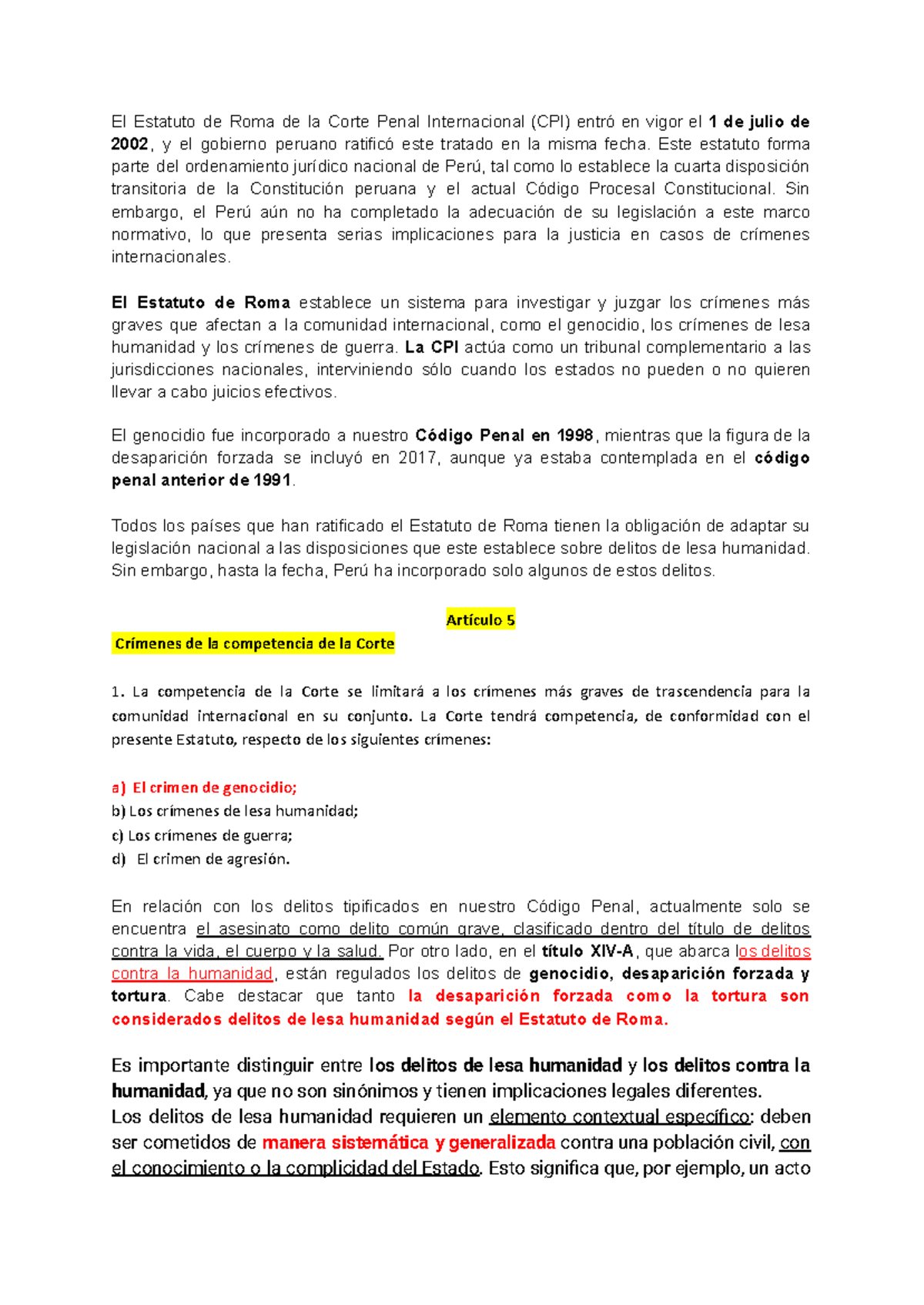 Delitos DE LESA Humanidad Y Contra LA Humanidad - El Estatuto de Roma ...