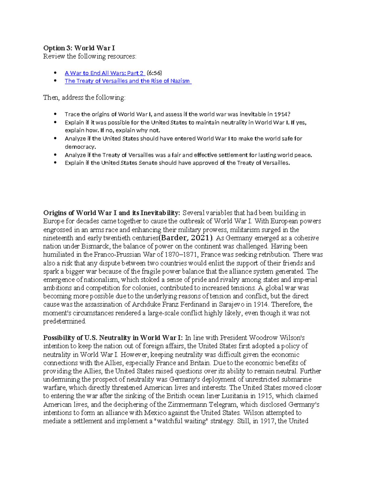 USH- WK 5 - Assignmentt - nothing - Option 3: World War I Review the ...