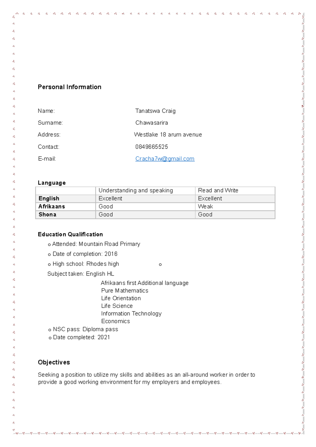 Craig+CV - It’s all makes sense - Personal Information Name: Tanatswa ...