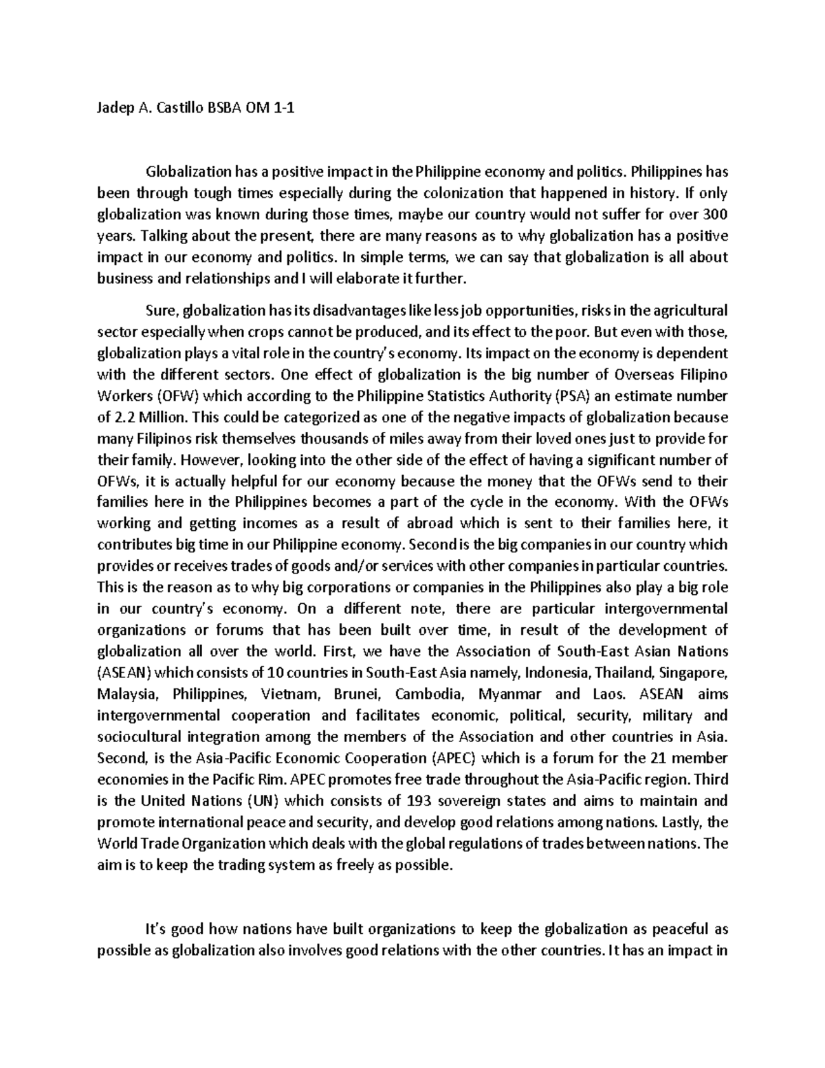 PLM TCW FA bjhj - Jadep A. Castillo BSBA OM 1- 1 Globalization has a ...