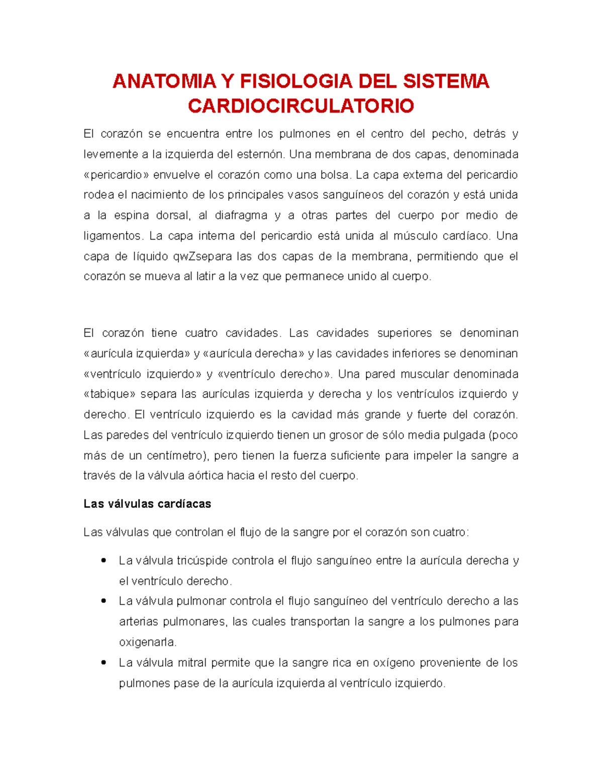Anatomia Y Fisiologia DEL Sistema Cardiocirculatorio - ANATOMIA Y FISIOLOGIA DEL SISTEMA - Studocu