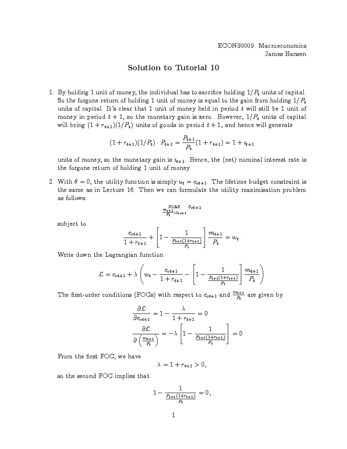 Tutorial 10 Solutions - ECON30009: Macroeconomics James Hansen Solution ...