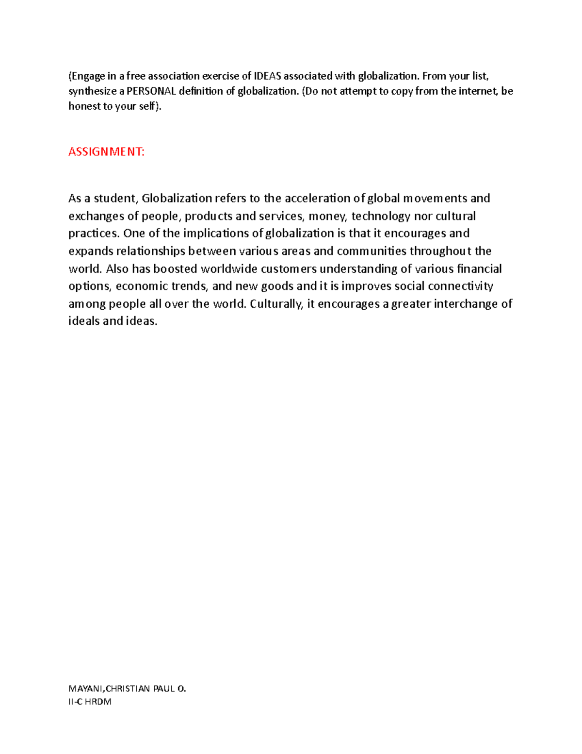 Personal Concept of Globalization - (Engage in a free association ...