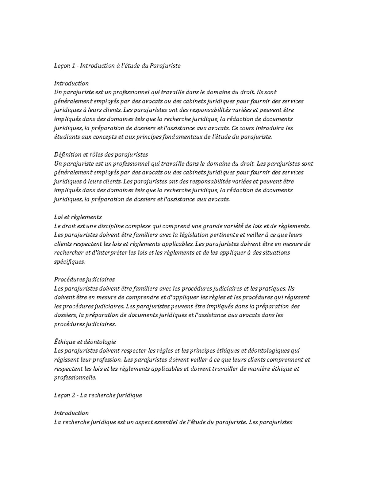 Paralegal Studies Study Notes - Leçon 1 - Introduction à l'étude du ...