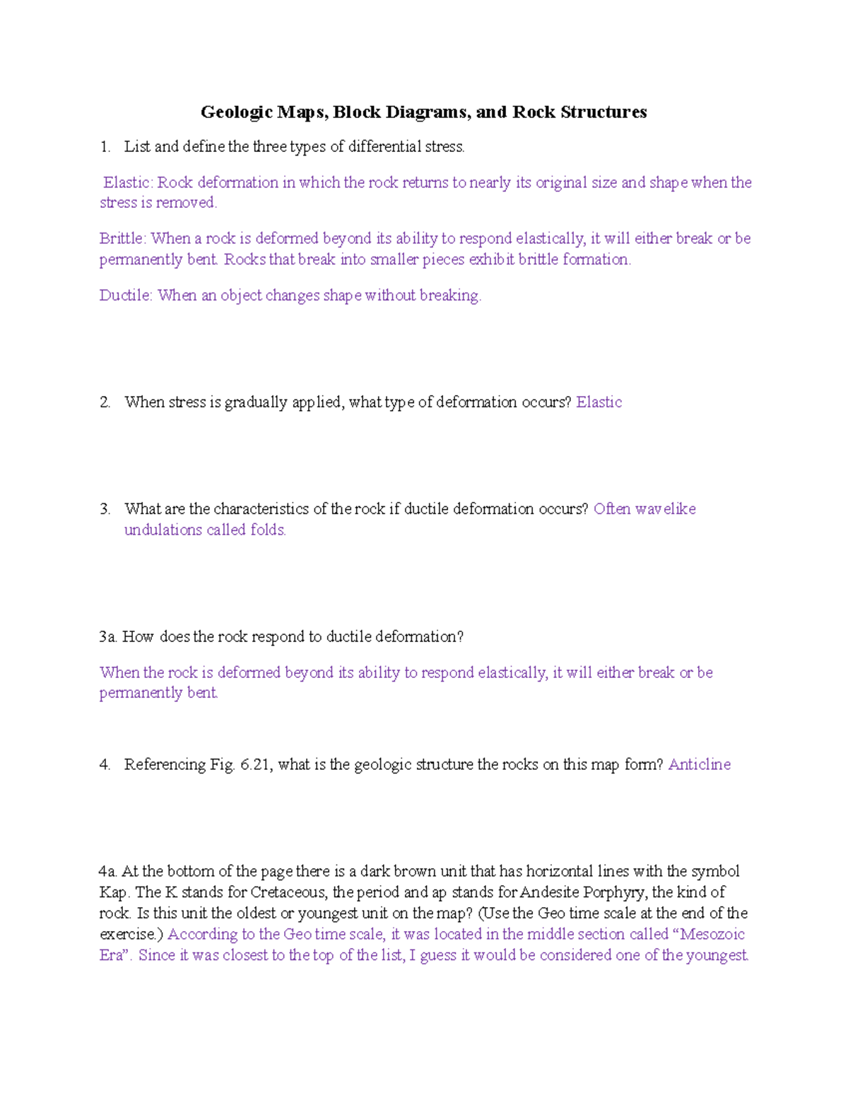 Maps and Structures Lab - Geologic Maps, Block Diagrams, and Rock Structures List and define the ...