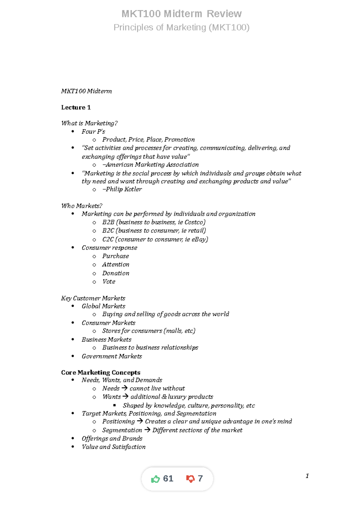 Midterm notes - MKT100 Midterm Review Principles of Marketing (MKT100 ...