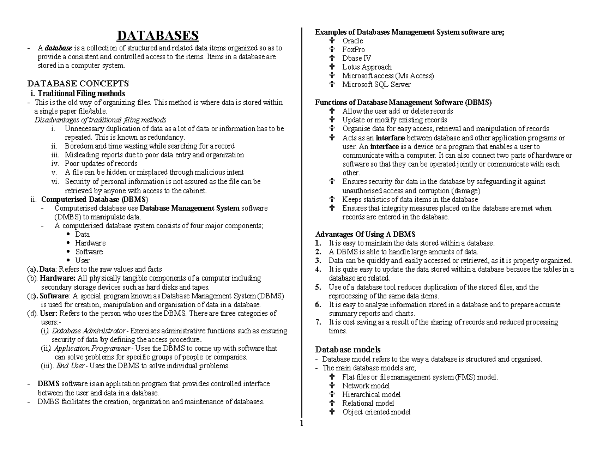 F2 Databases 003 - Noes - DATABASES A database is a collection of ...