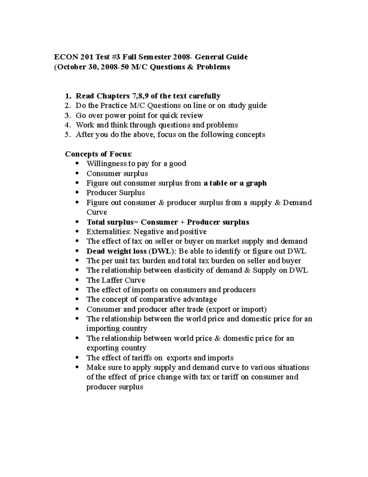 ECON 201 Test3 chap 7.8.9 Study Guide - ECON 201 Test #3 Fall Semester ...