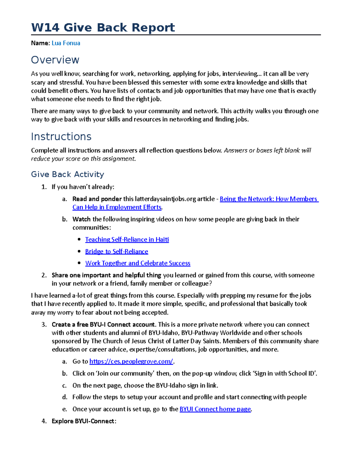 W14 Report Give Back - This is an assignment were I explain how I would ...