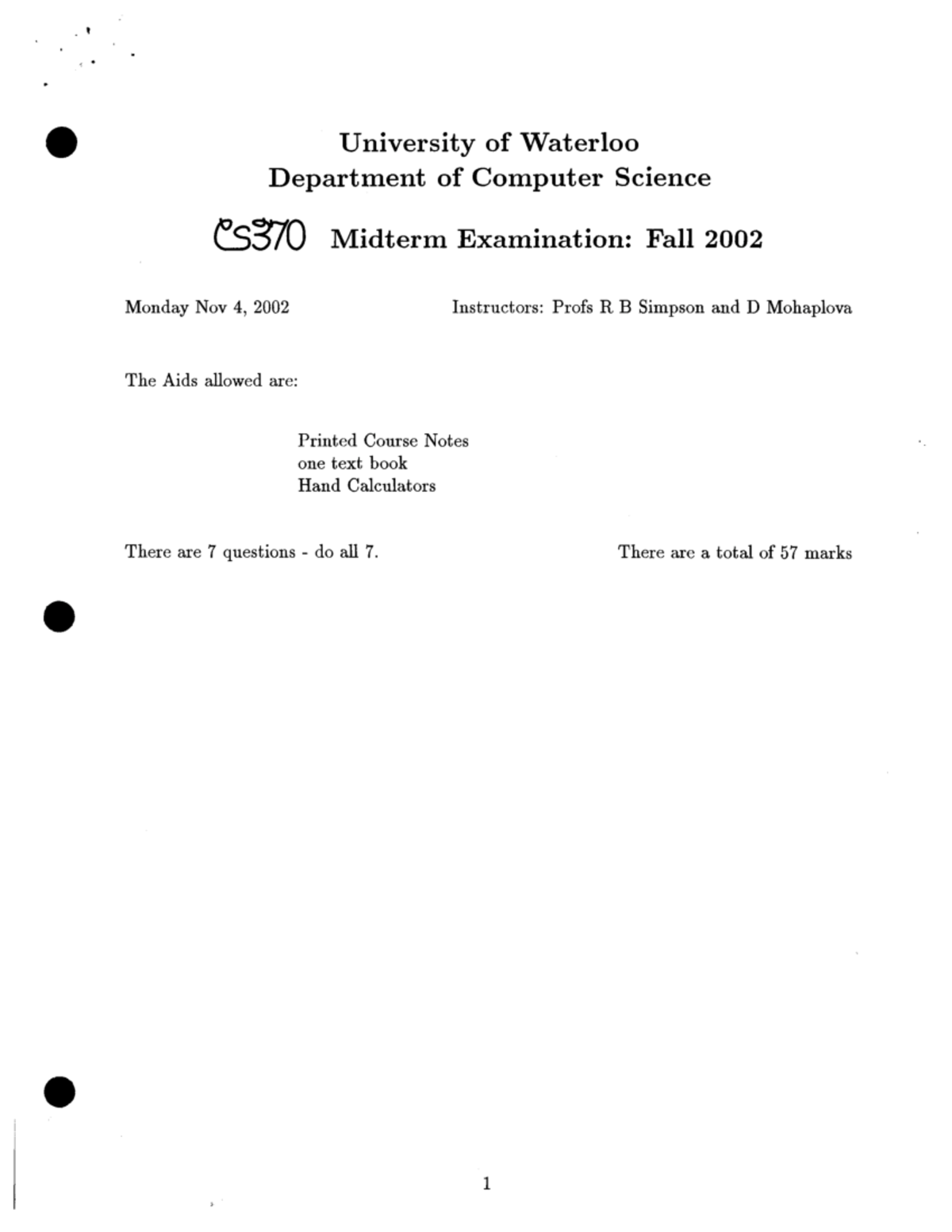 CS370 Fall 2002 Midterm Examination - Cs 370 - Studocu