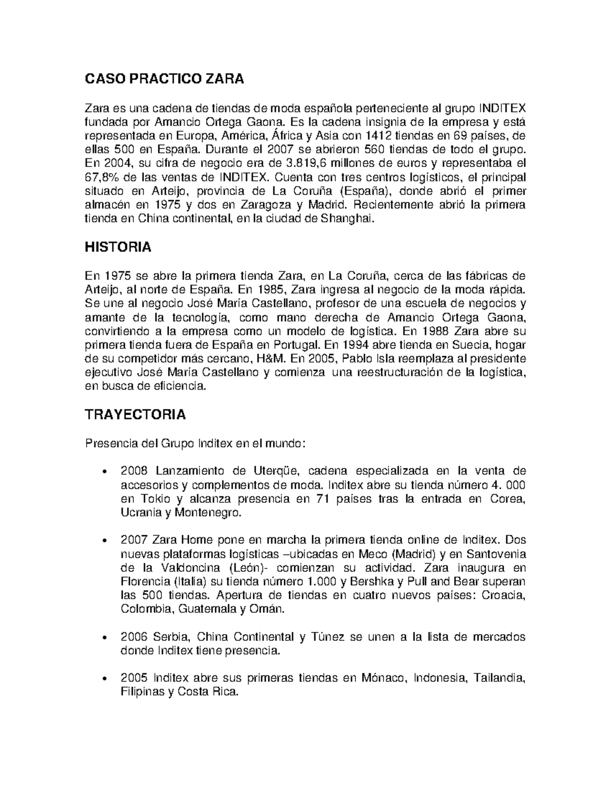 CASO Practico ZARA - El caso de Zara - CASO PRACTICO ZARA Zara es una ...