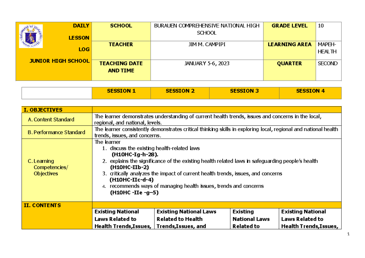 Health 10 DLL-W2 - lesson exemplar - DAILY LESSON LOG JUNIOR HIGH ...