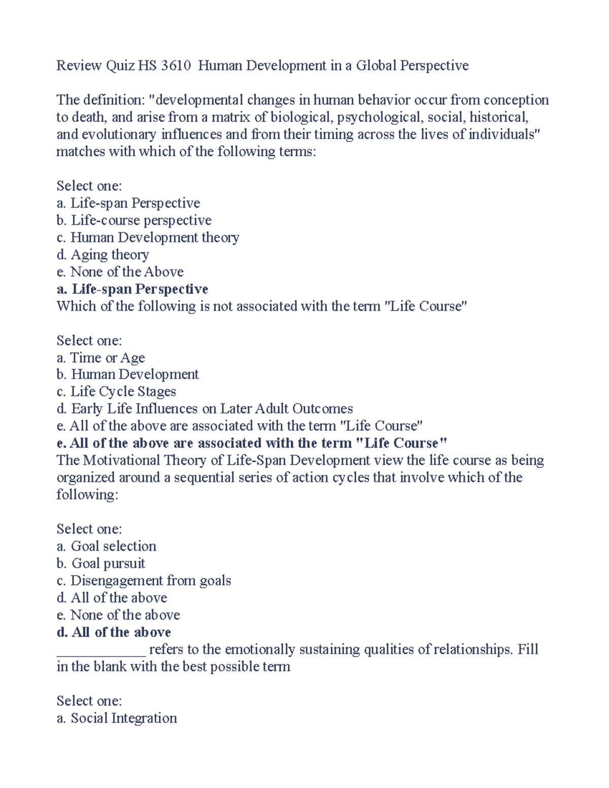 Review quiz HS 3610 Human Development in a Global Perspective - Review ...