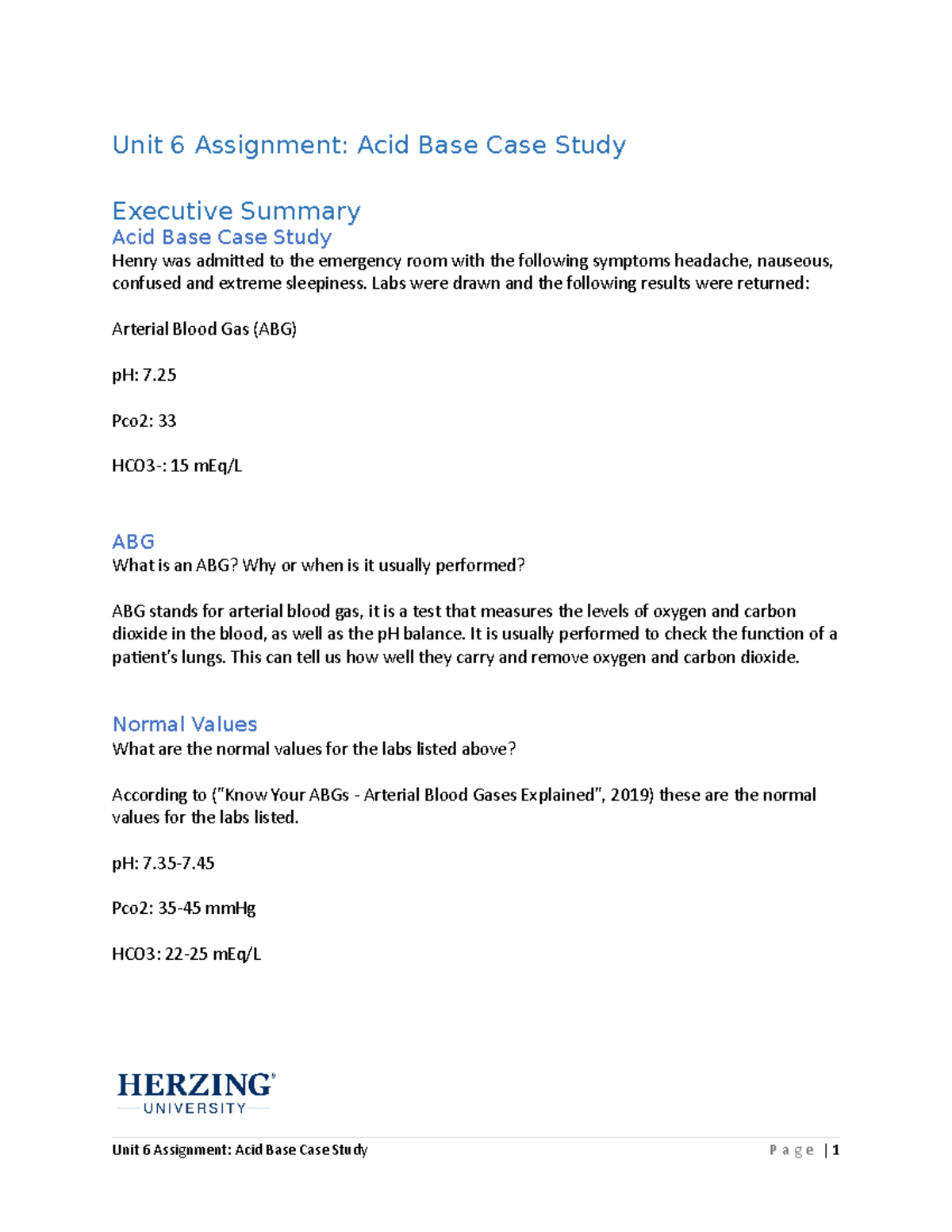 Unit 6 Assignment - Acid Base Case Study worksheet - Unit 6 Assignment: Acid Base Case Study ...