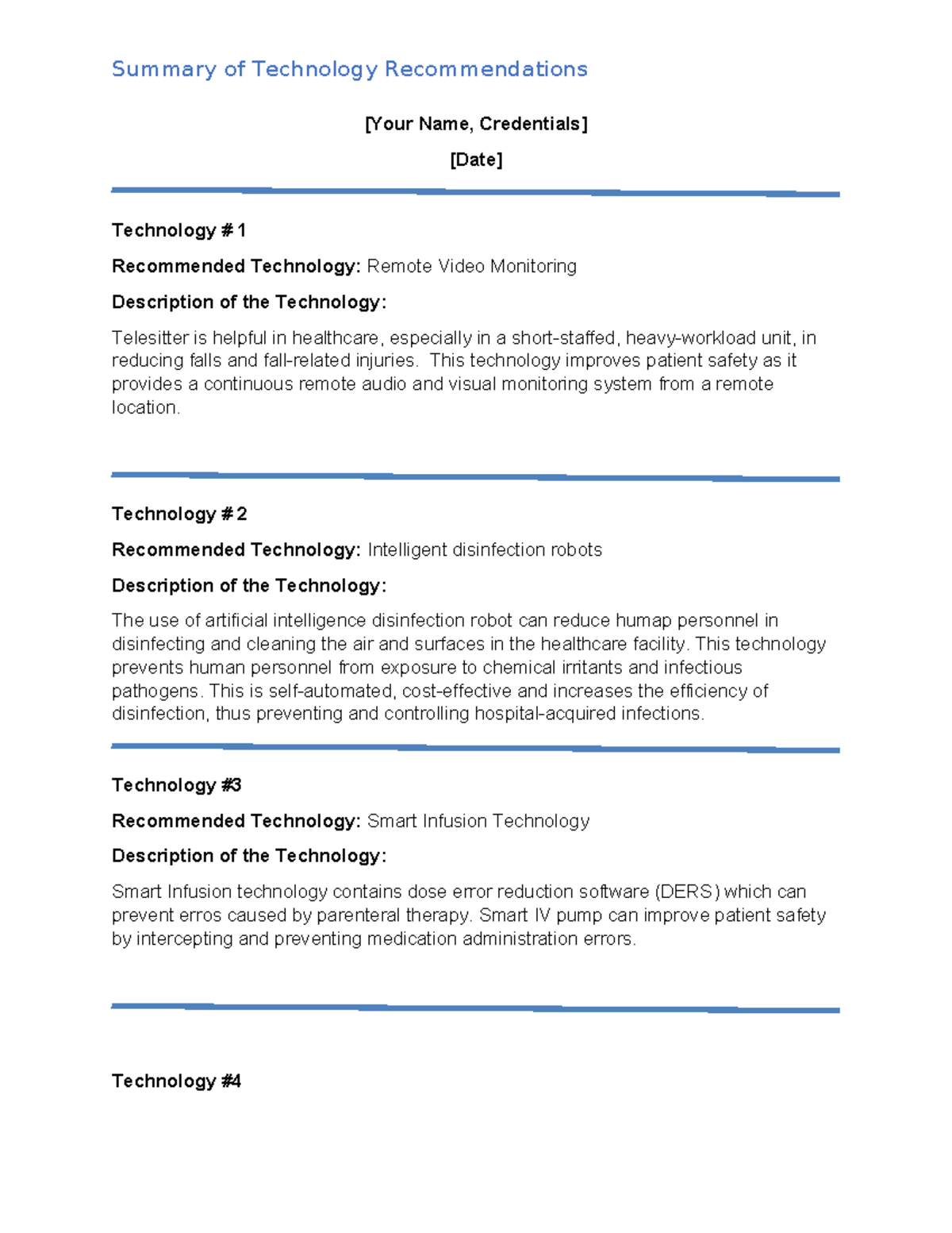Summary of Technology Recommendations Template - Summary of Technology ...