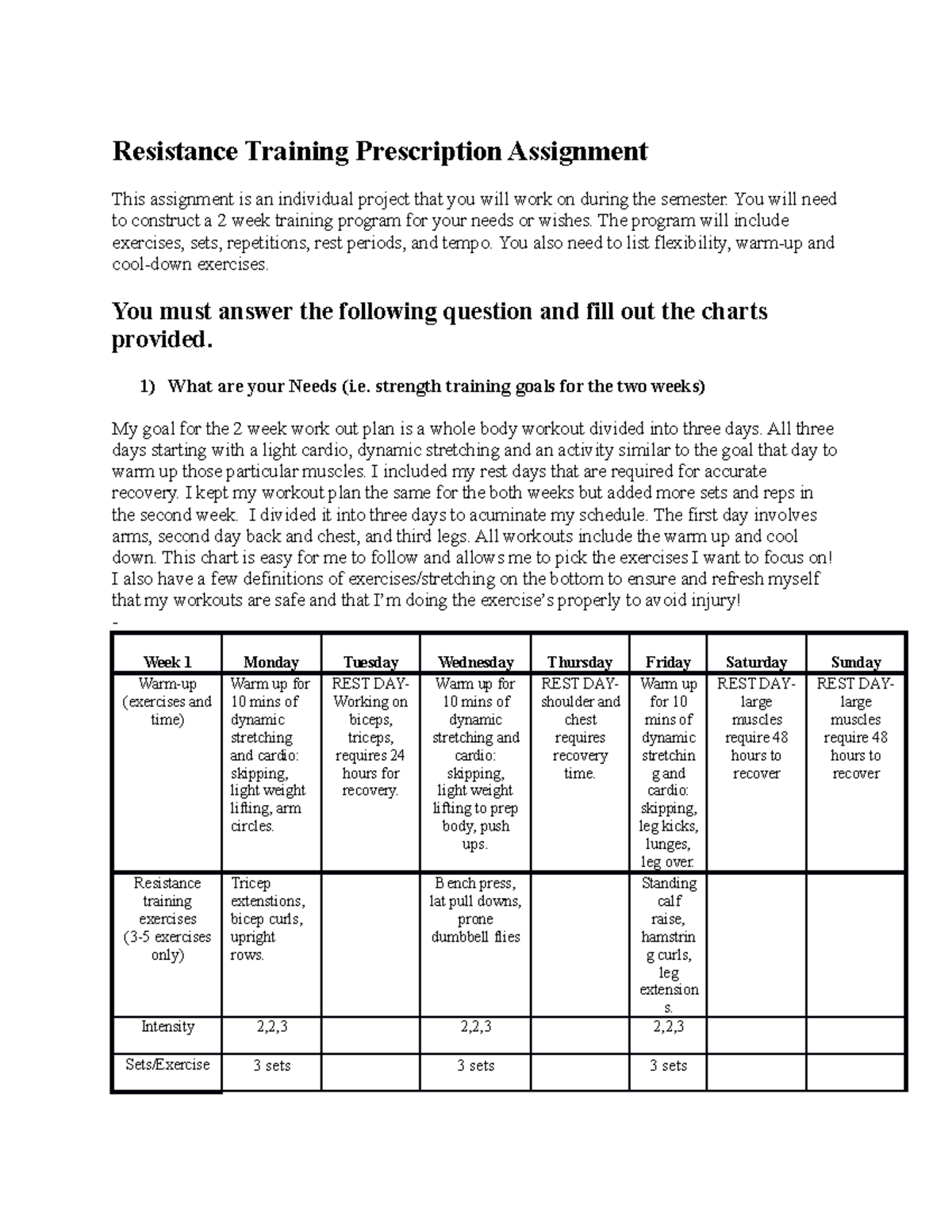 Resistance Training Prescription Assignment HKR 1000 - Resistance ...