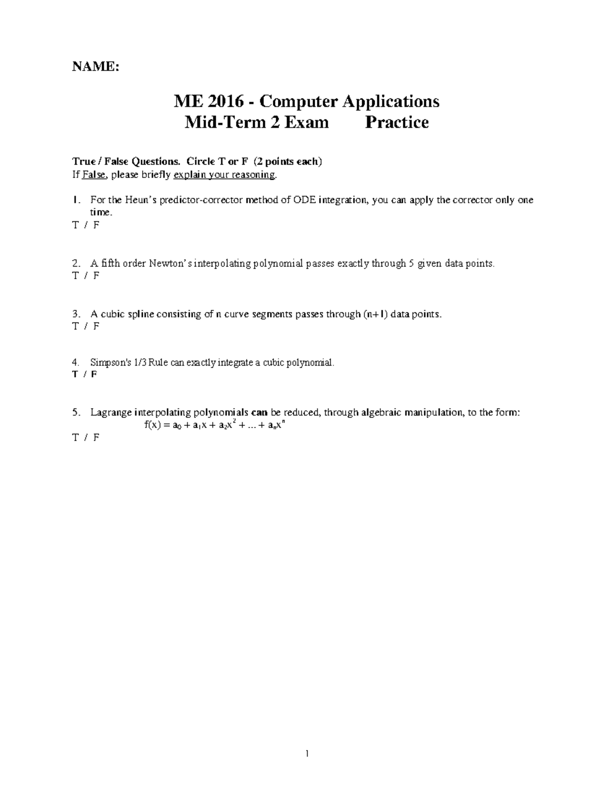 Mid Term 2 practice - NAME: ME 2016 - Computer Applications Mid-Term 2 ...