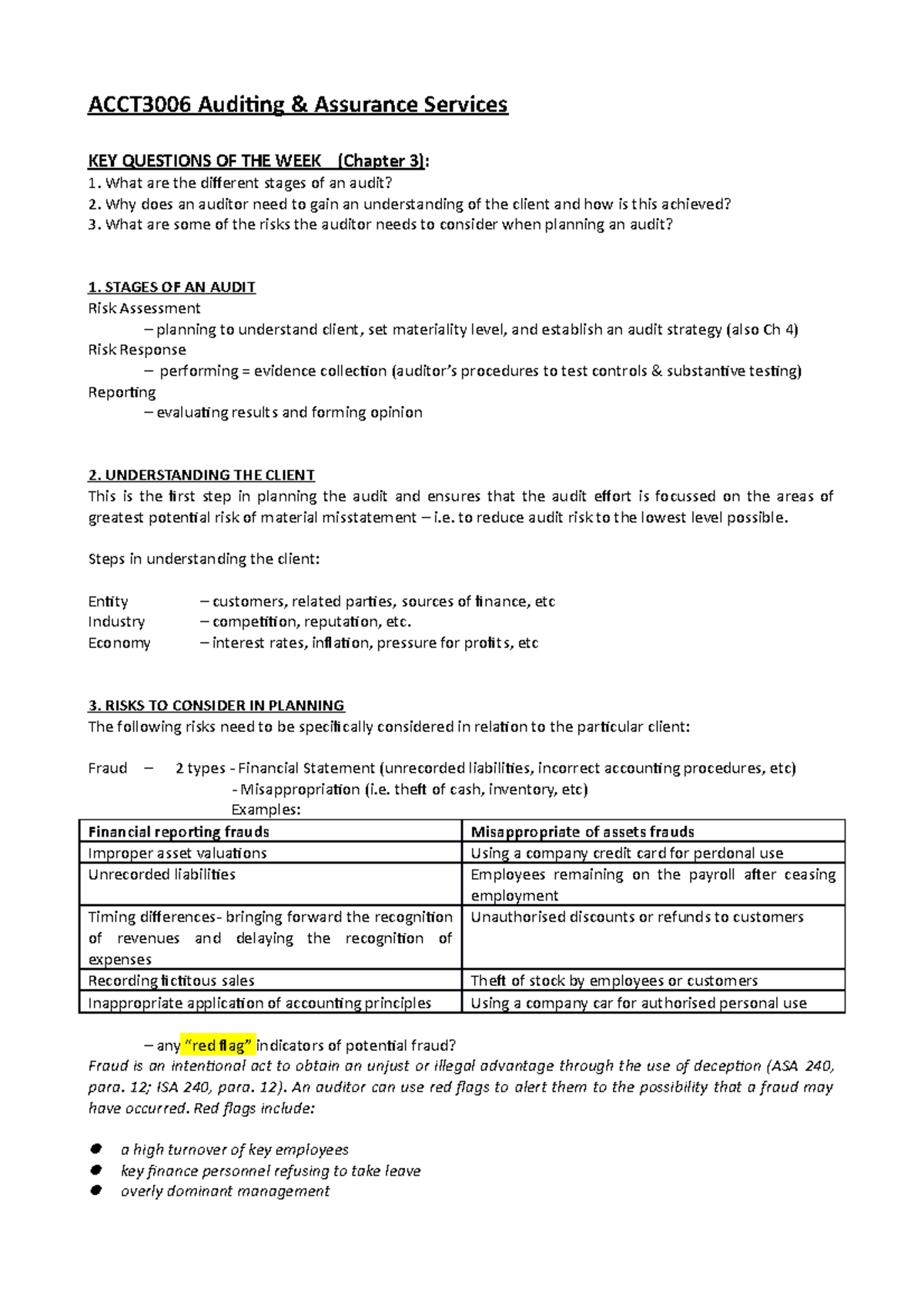 Audit Chapter 3 Weekly Summary - ACCT3006 Auditing & Assurance Services KEY QUESTIONS OF THE ...