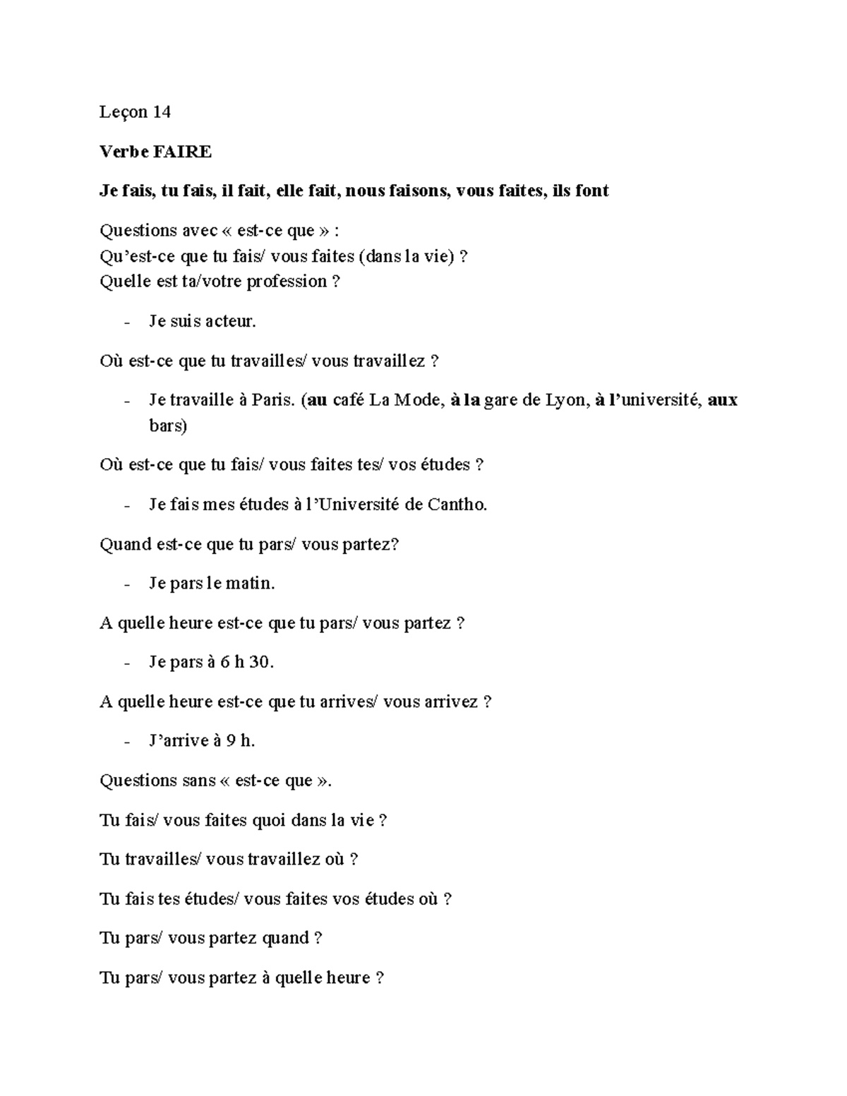 Leçon 14 - bài học - Leçon 14 Verbe FAIRE Je fais, tu fais, il fait ...