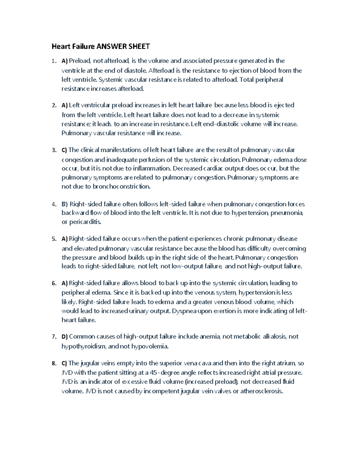 Heart Failre Answer Sheet - Heart Failure ANSWER SHEET A) Preload, not ...