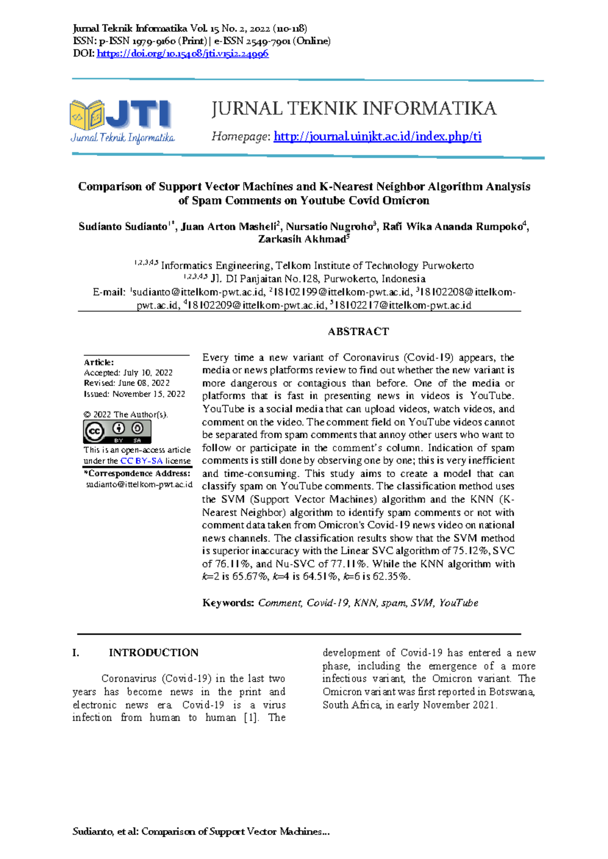 Comparison Of Support Vector Machines And K Nearest Neighbor Algorithm Analysis Of Spam Comments