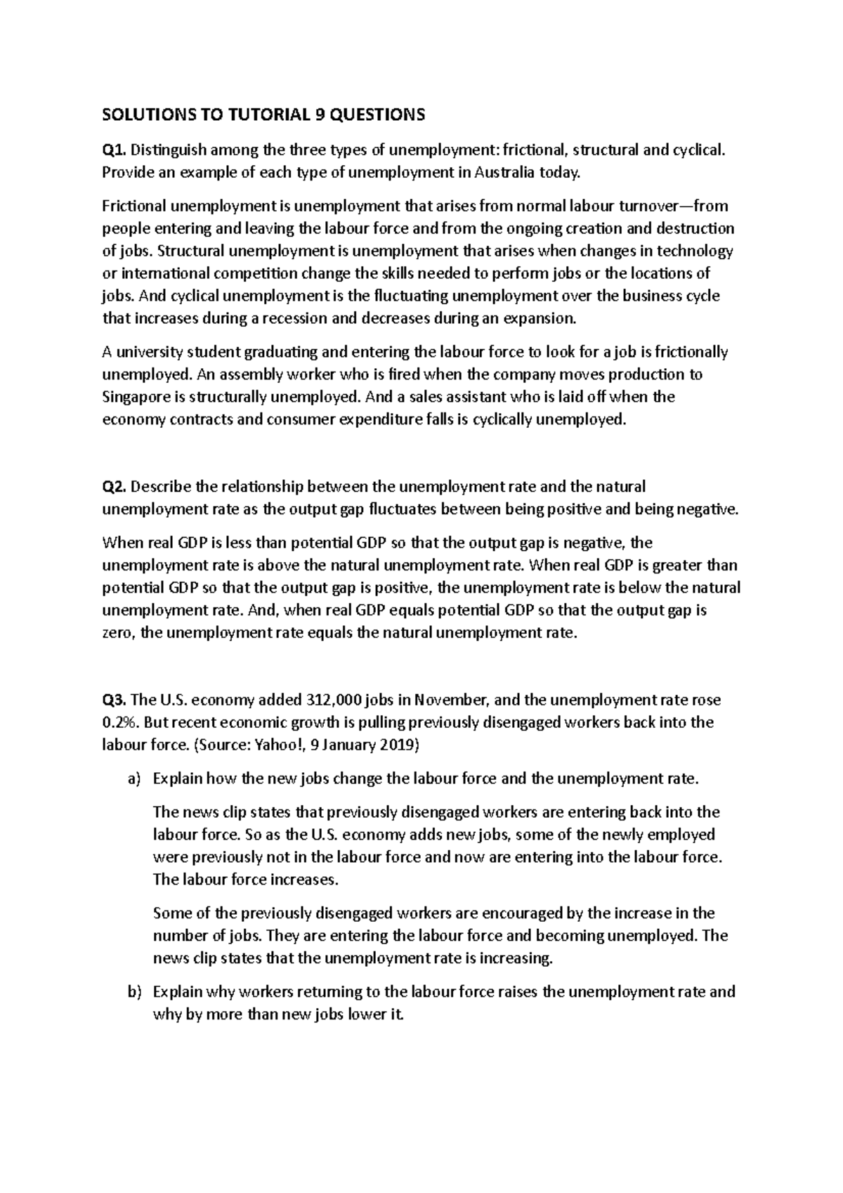 Solutions TO Tutorial 9 Questions - SOLUTIONS TO TUTORIAL 9 QUESTIONS Q1. Distinguish among the ...