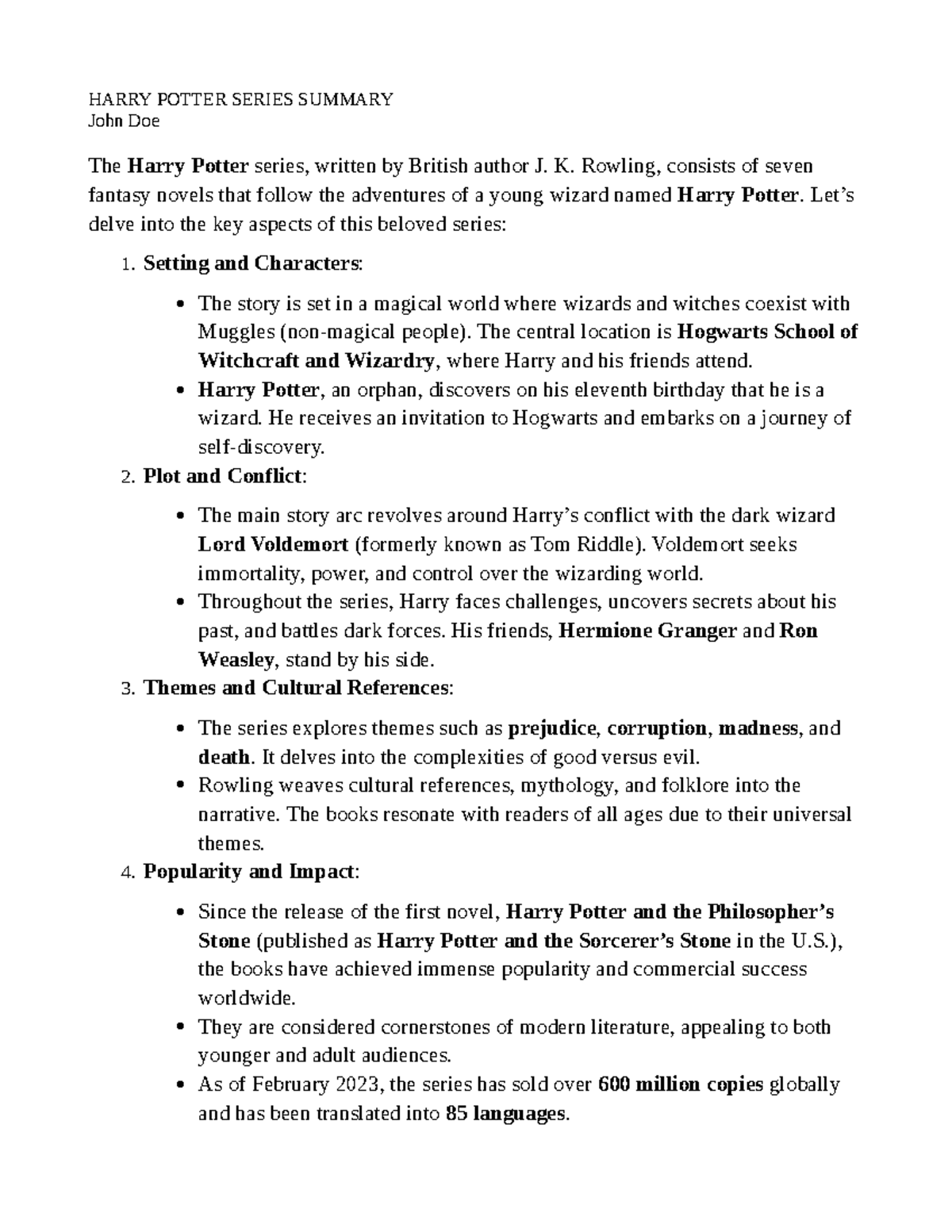 Harry Potter - Report - HARRY POTTER SERIES SUMMARY John Doe The Harry ...
