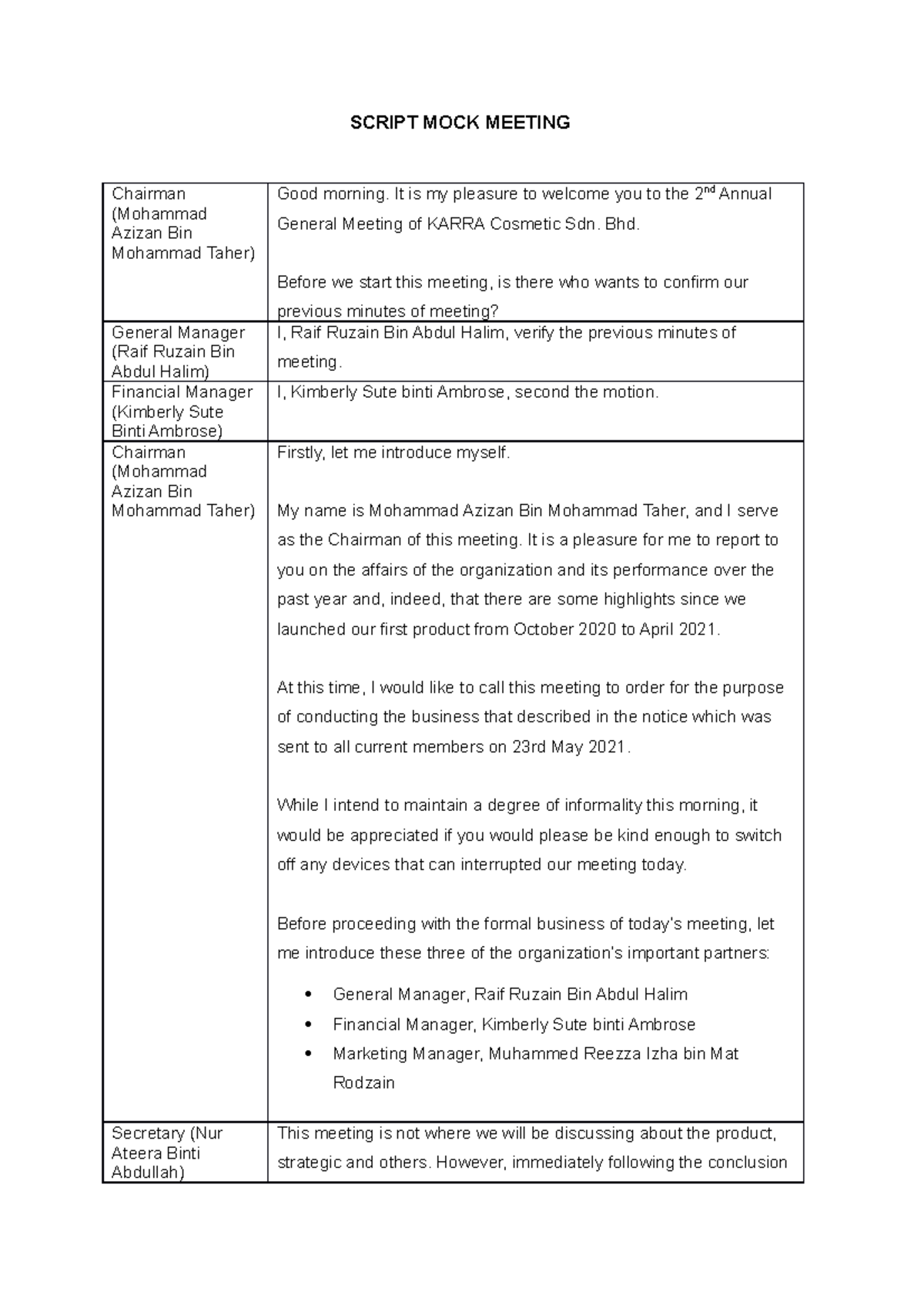Mock Meeting Script - Diploma Sains Kesetiausahaan - Studocu