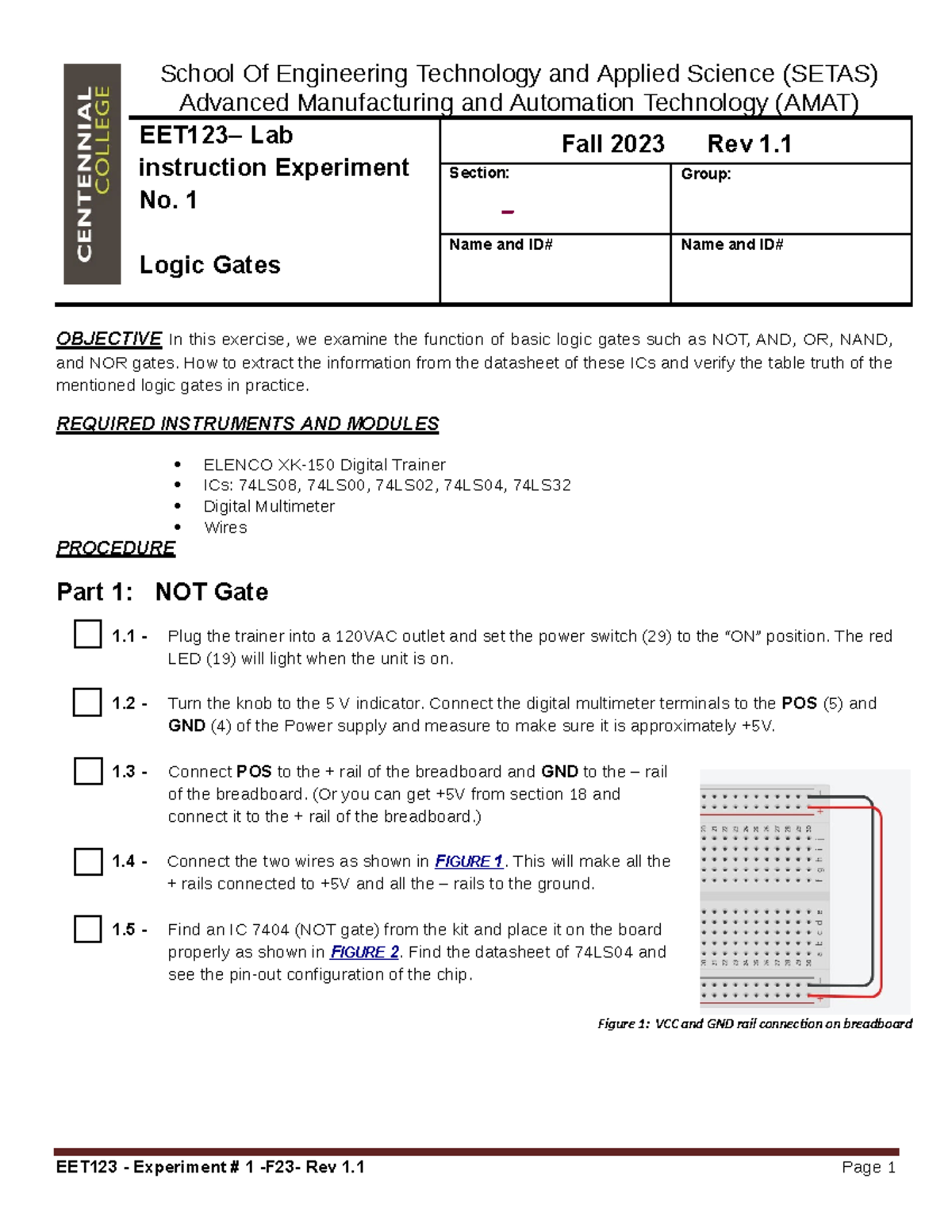 EET123-F23-EXP 1 - Logic Gates - Rev 1 - School Of Engineering ...