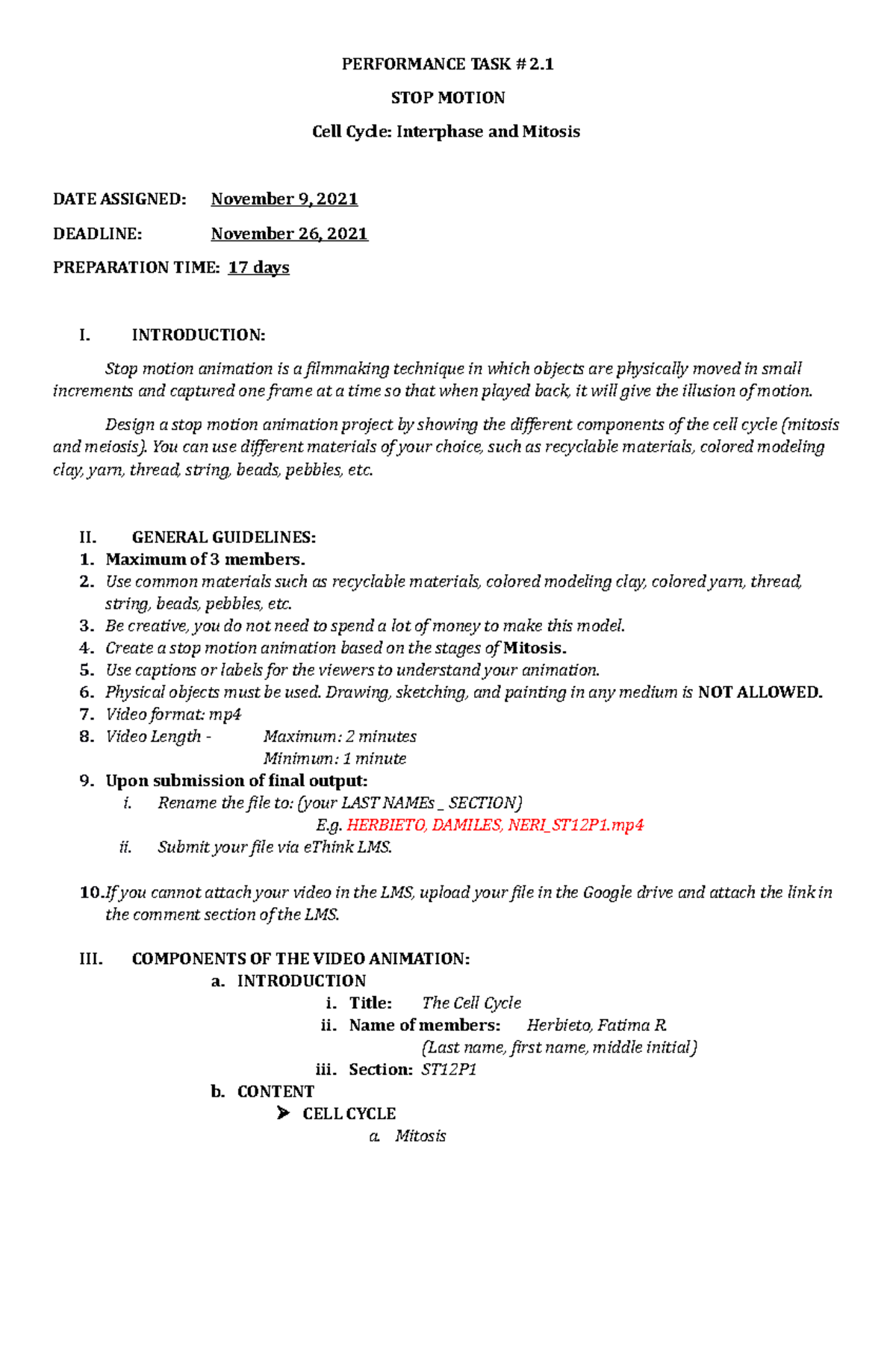 Performance Task #2.1 - Mitosis Stop Motion - PERFORMANCE TASK # 2 ...