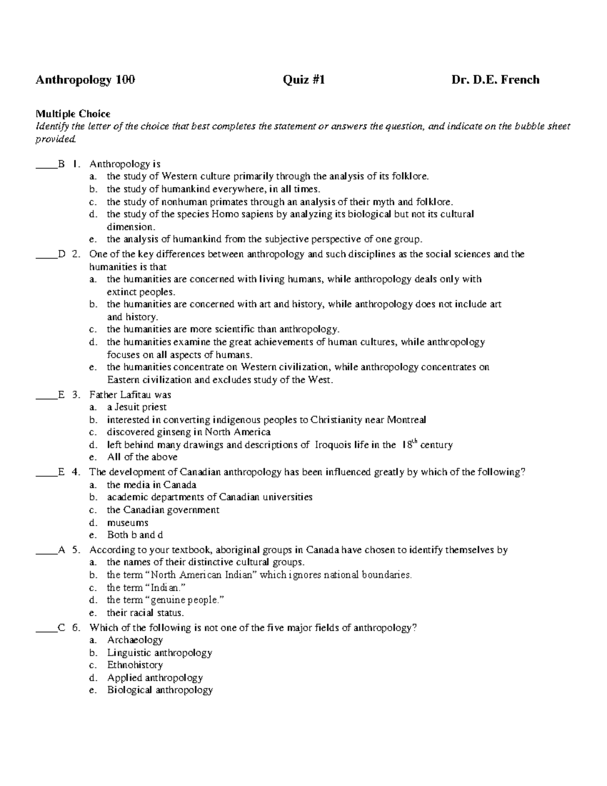 Sample/practice Exam 2014, Questions and Answers - Anthropology 100 ...