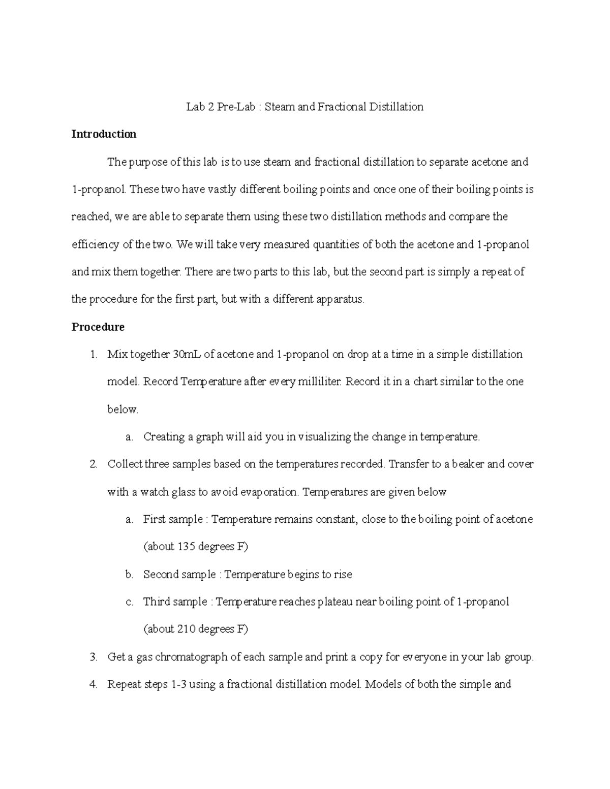CHEM233 Pre-lab 3 - Steam and Fractional Distillation - Lab 2 Pre-Lab ...