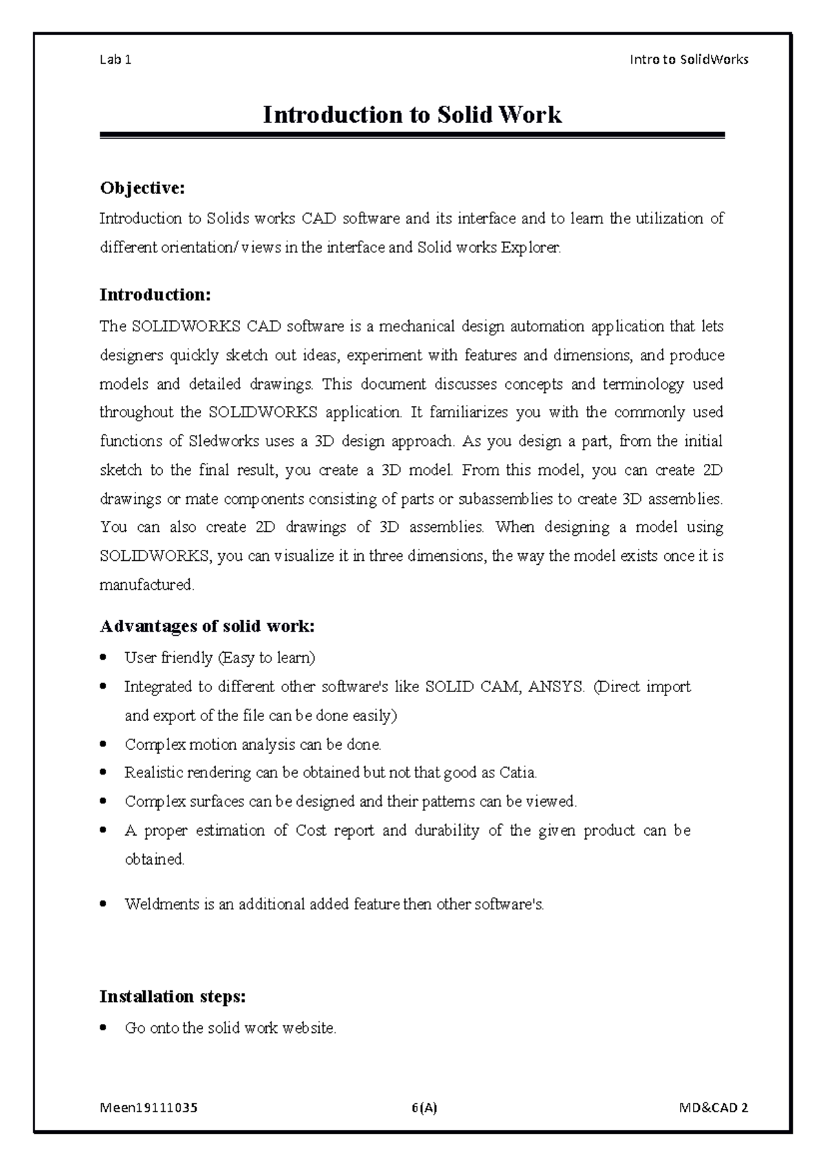 Lab 1 - Introduction to solid works - Introduction to Solid Work ...