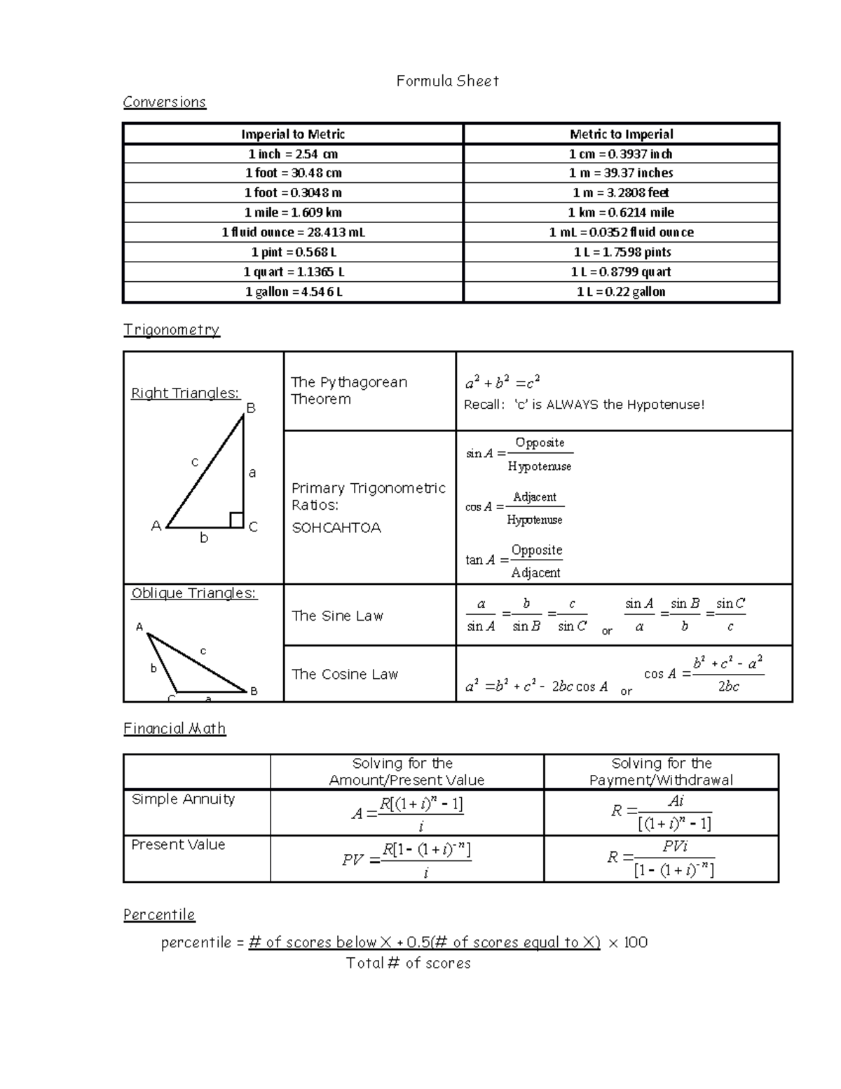 Formula sheet - Practice - Formula Sheet Conversions Imperial to Metric ...