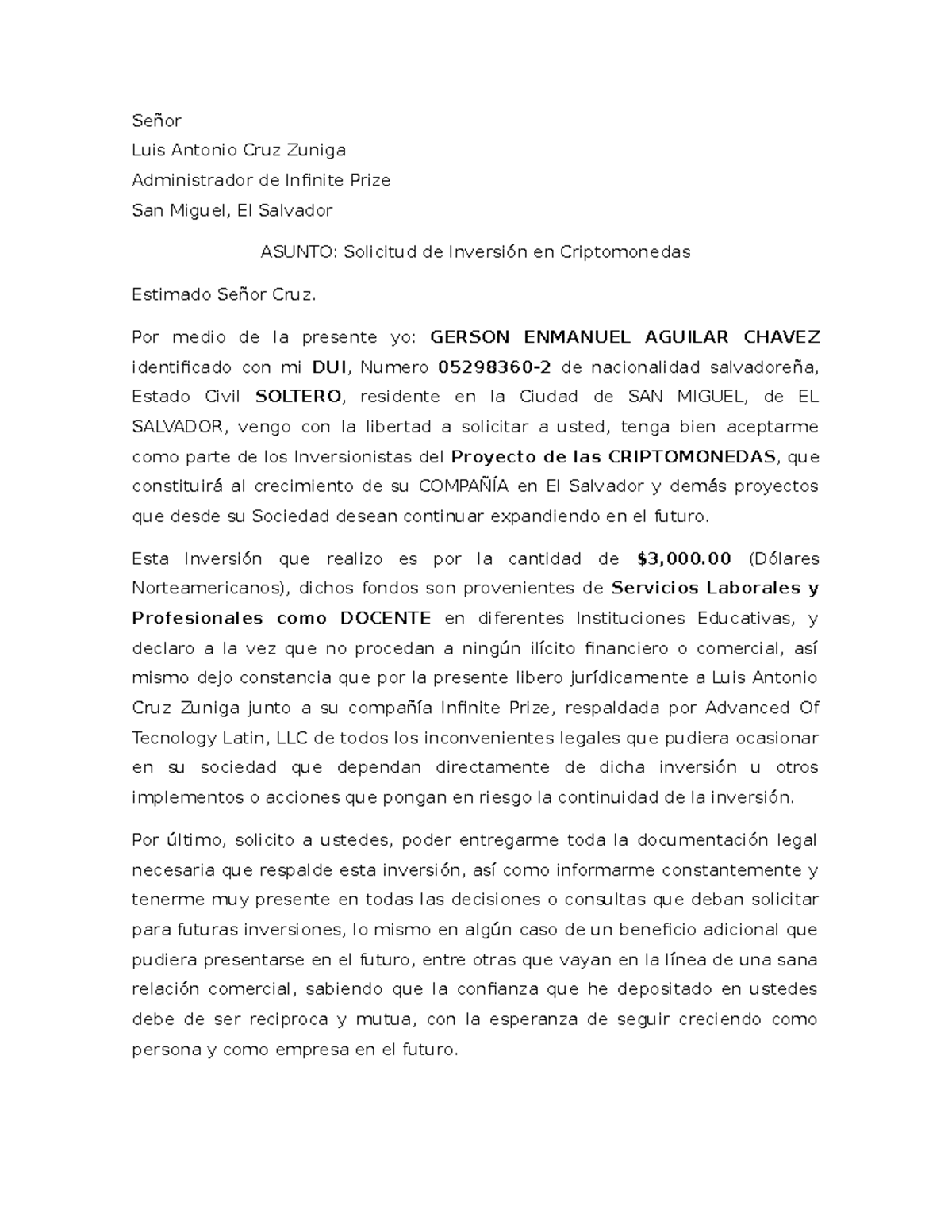 Carta DE Inversion - Señor Luis Antonio Cruz Zuniga Administrador de ...