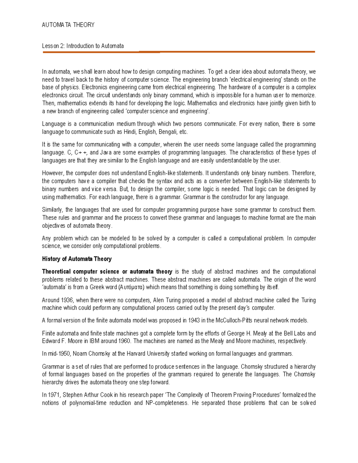 Lesson 2 - Introduction to Automata Lecture - AUTOMATA THEORY Lesson 2 ...