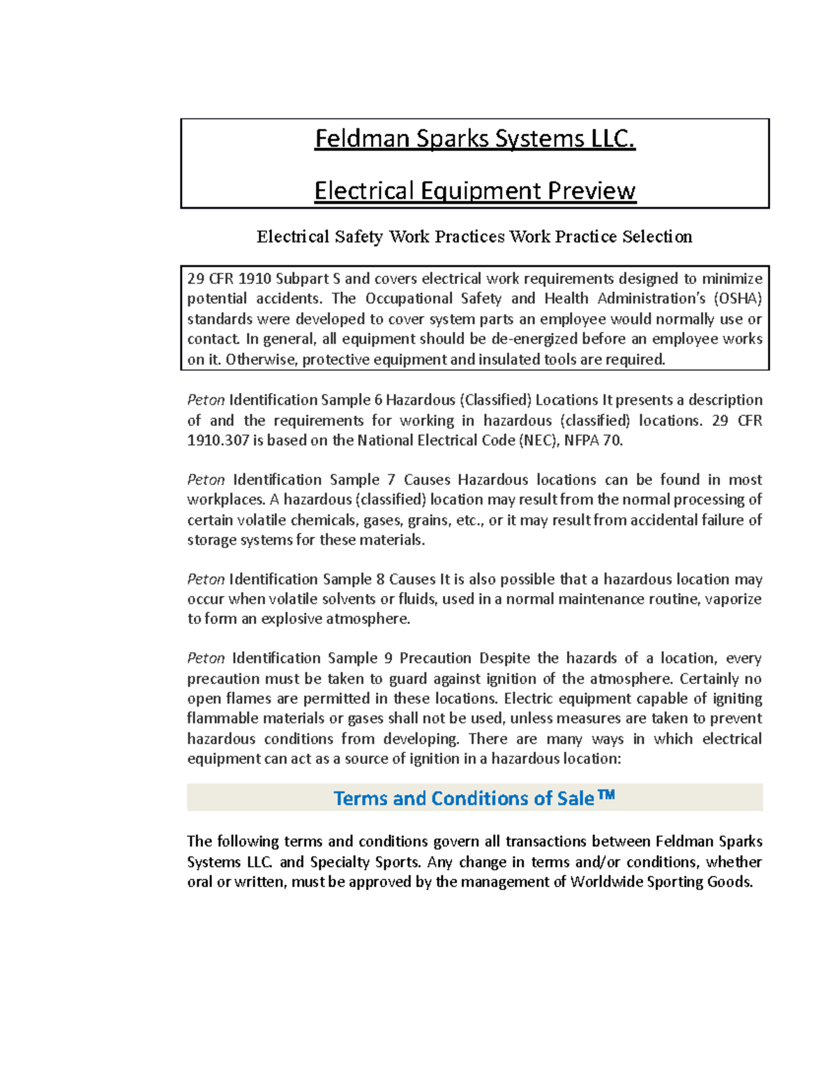 Electrical Equipment - sed - Feldman Sparks Systems LLC. Electrical ...