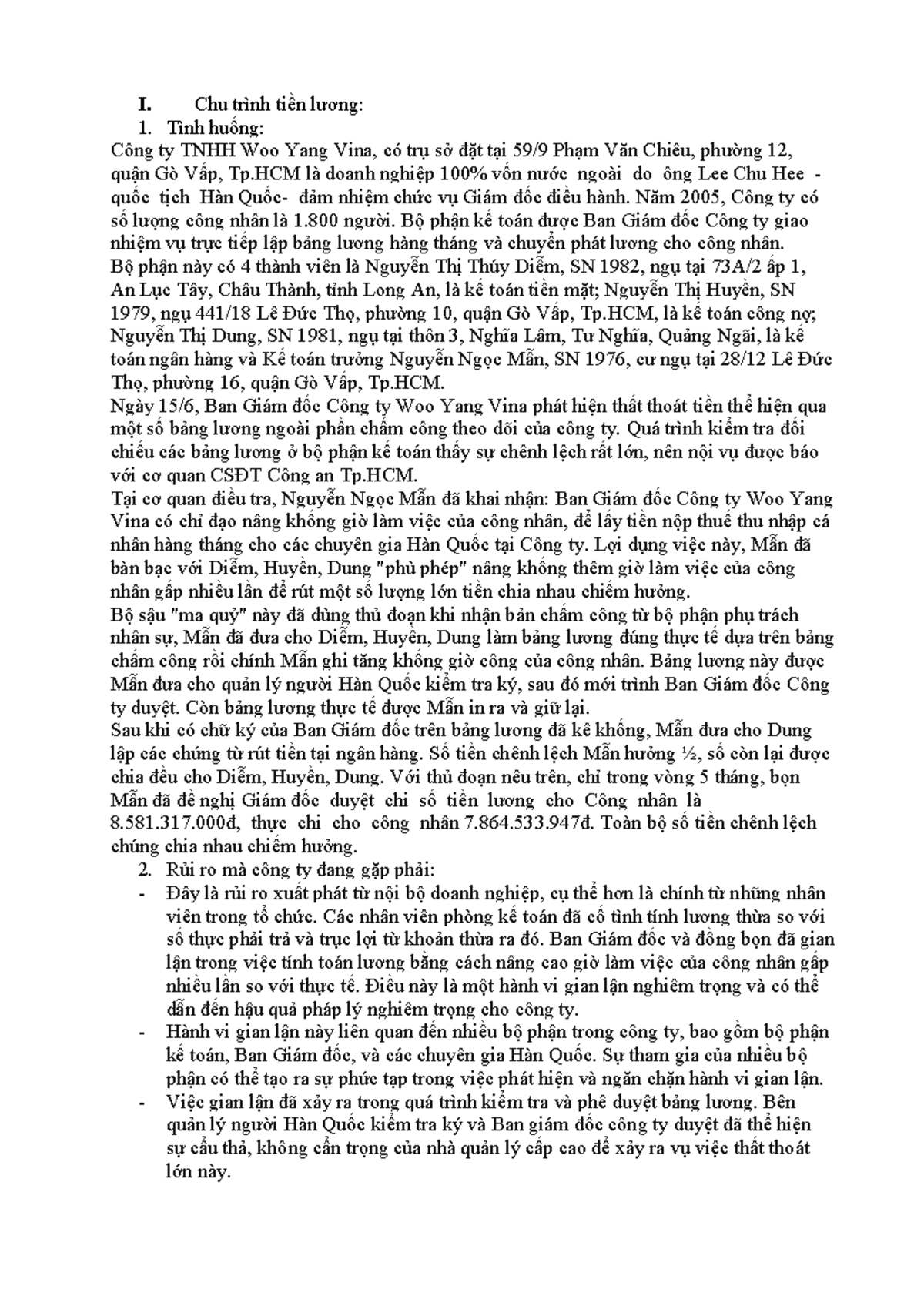 Bai tap lớn KSNB - 11111111 - I. Chu trình tiền lương: Tình huống: Công ...