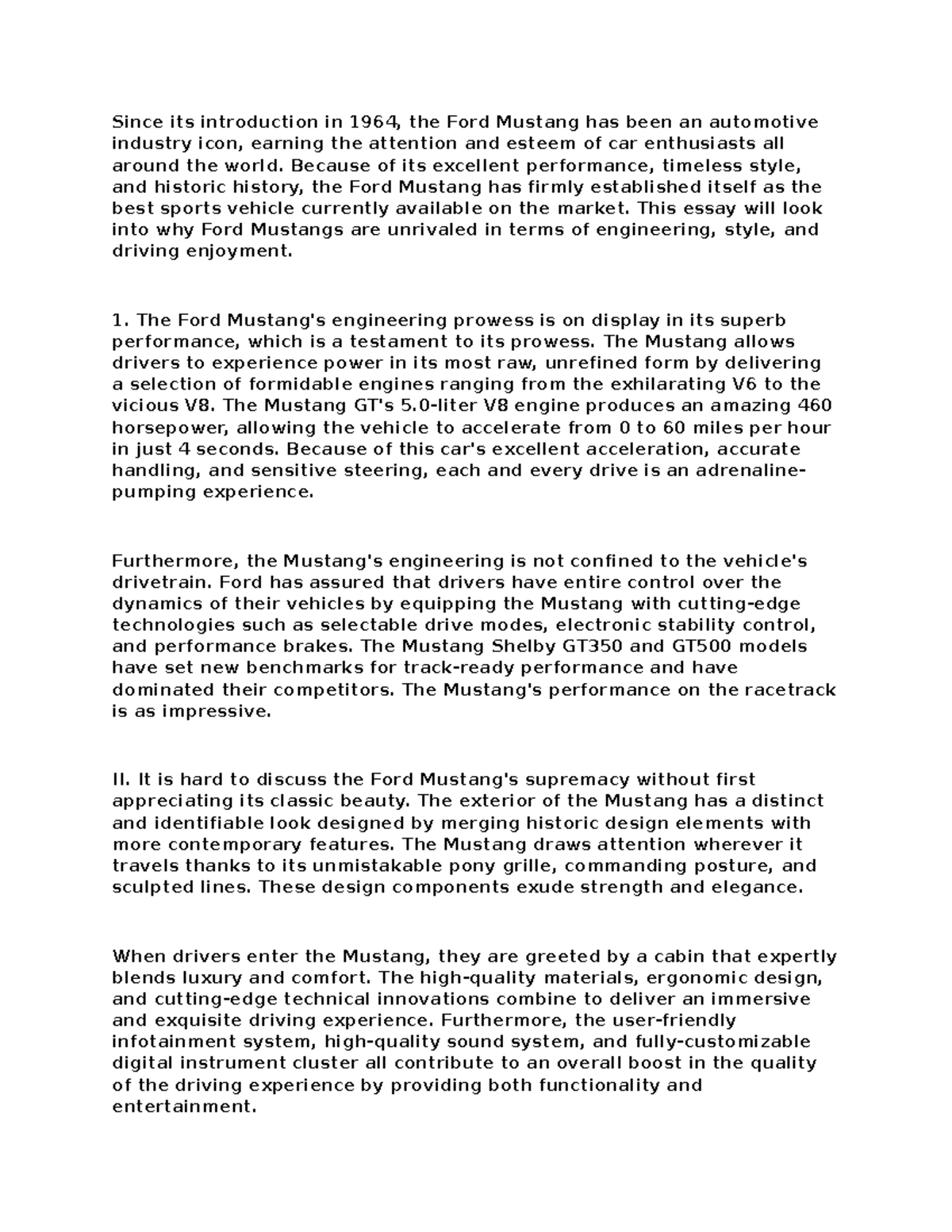 3 - ESSAY - Since its introduction in 1964, the Ford Mustang has been ...
