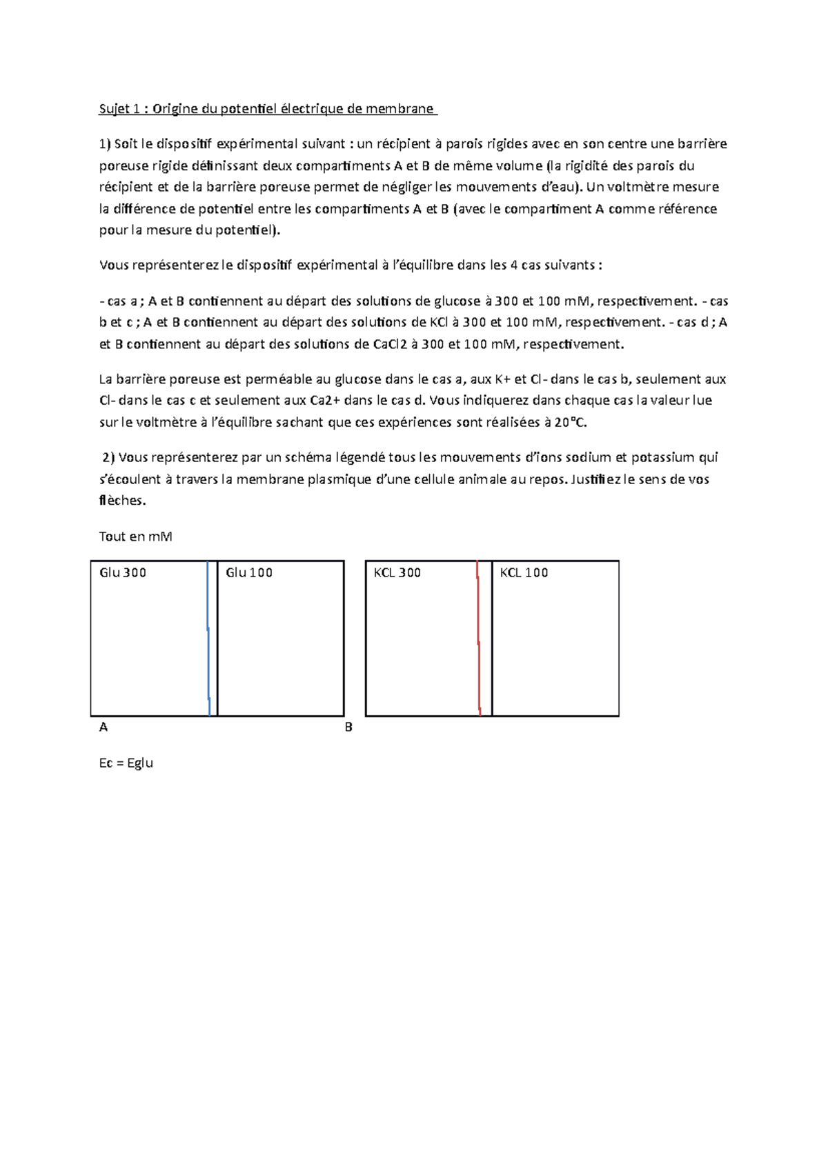 Exercices physio Origine P - Sujet 1 : Origine du potentiel électrique de membrane Soit le - Studocu