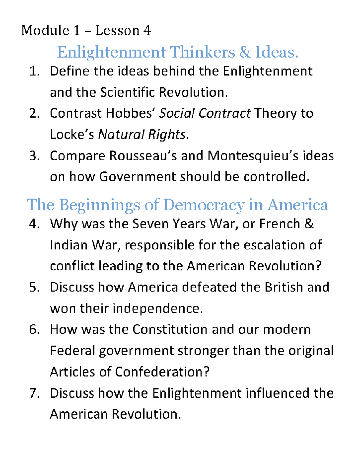 Module 1 Lesson 4 Questions - Module 1 – Lesson 4 Enlightenment ...