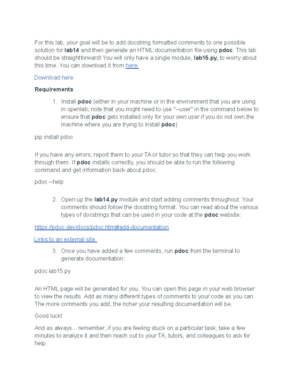 LAB 15 - Lab 15 - ICS 32 - For this lab, your goal will be to add docstring formatted comments ...